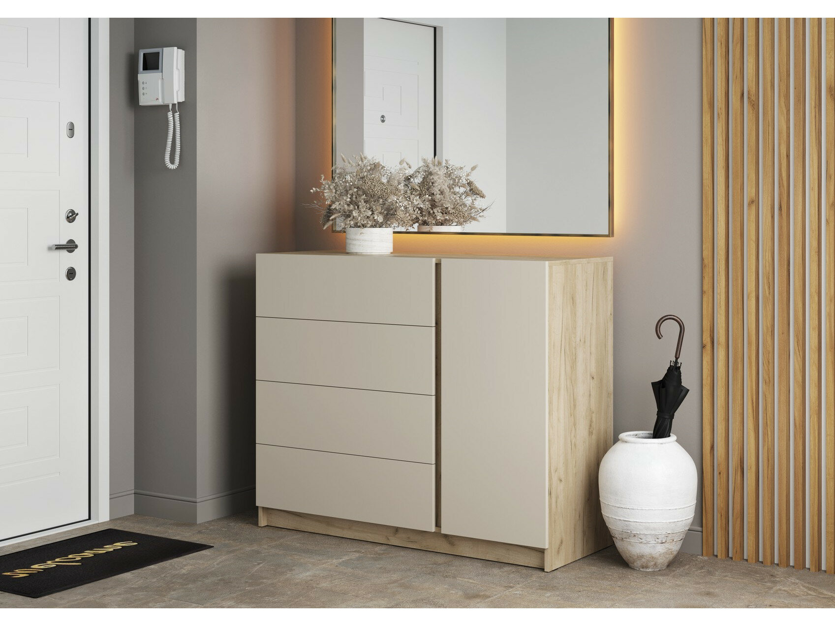 Комод ЛДСП с четырьмя ящиками и секцией за распашной дверью, крафт серый/кашемир