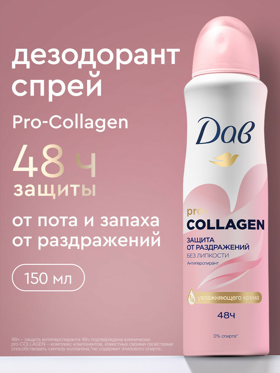 Дав Дезодорант женский спрей антиперспирант от пота и запаха Защита от раздражений без липкости с коллагеном 150 мл