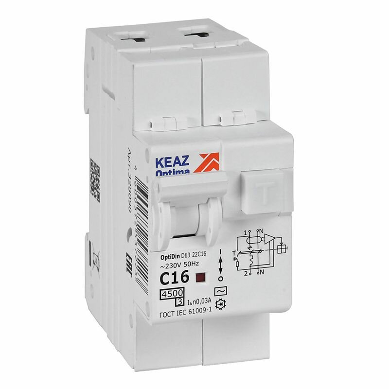 Выключатель автоматический дифференциального тока 2п C 16А 30мА тип AC 4.5кА OptiDin D63-22C16-AC-У3 с защитой от сверхтоков КЭАЗ 328098