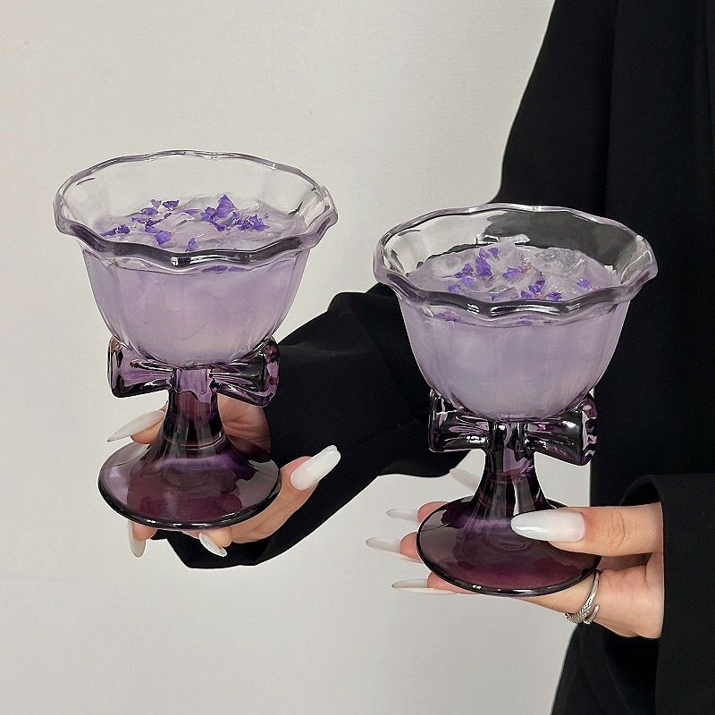 Креативный стеклянный бокал с фиолетовым бантом на высокой ножке, 2 штуки
