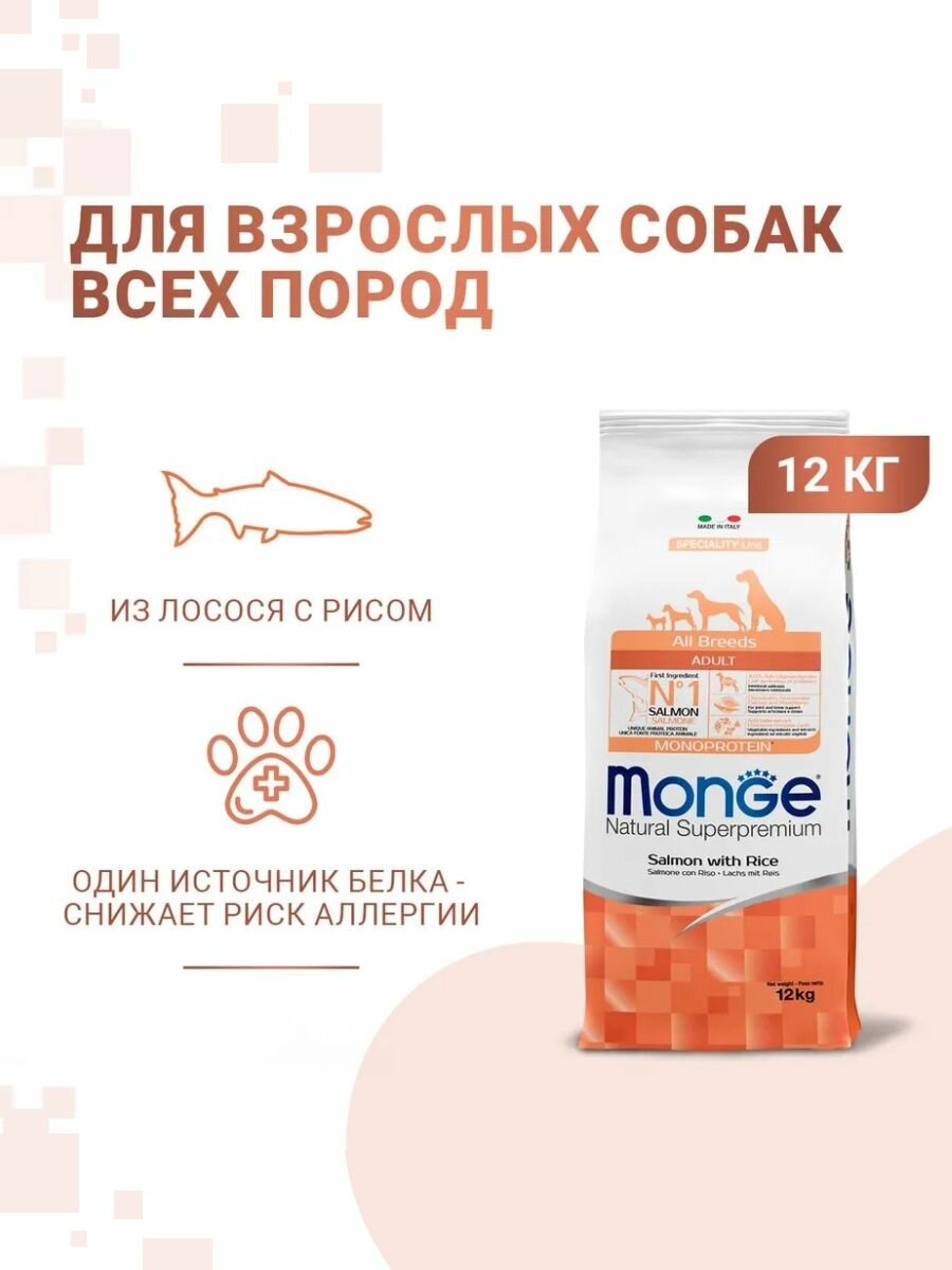 MONGE Dog Monoprotein Сухой корм для взрослых собак всех пород Лосось с рисом 12 кг