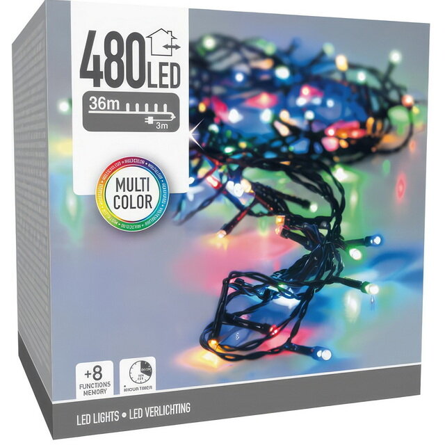Светодиодная гирлянда Koopman Comfort 36 м, 480 разноцветных LED ламп, зеленый ПВХ, контроллер, таймер, IP44, Koopman (Купман), AX8452160