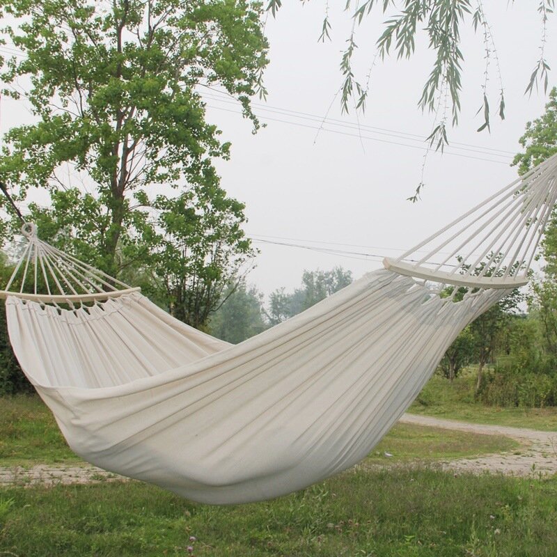 Новый двухместный утолщённый холщовый гамак с деревянными палками и кисточками, предотвращающий опрокидывание, от Temu, для кемпинга на природе.