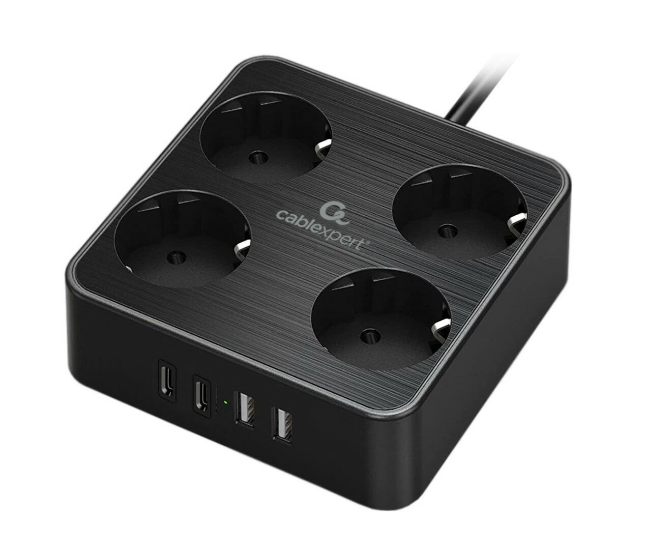 Сетевой фильтр Cablexpert Plate 4 розетки, 10А, 2xType-C PD, 20Вт, 2xUSB, 2м, черный, PLT-4-C2U2-B-2
