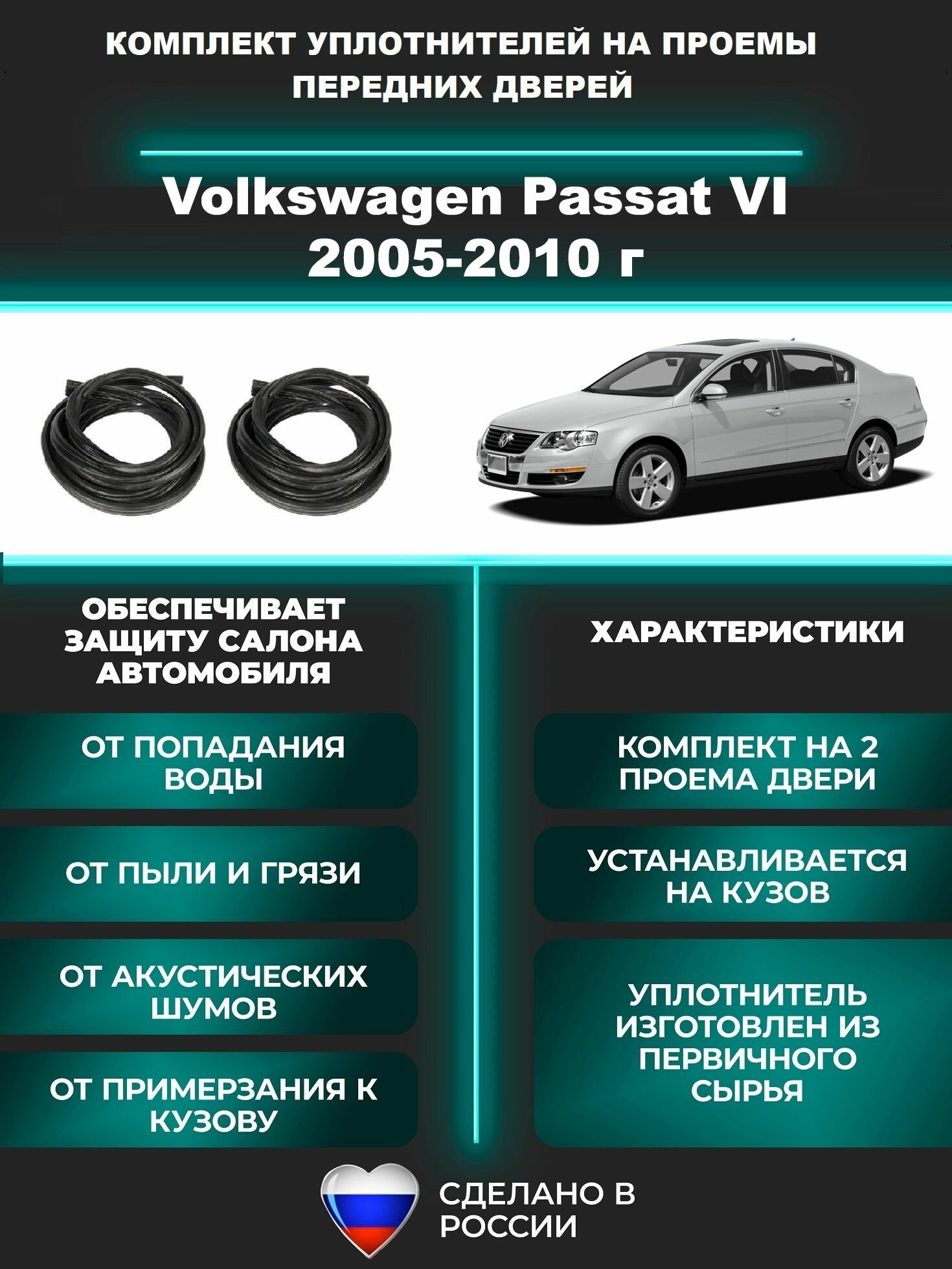 Комплект уплотнителей проемов передних дверей, подходит на Volkswagen Passat VI 2005-2010 г, Фольксваген Пассат 6 - 2 шт