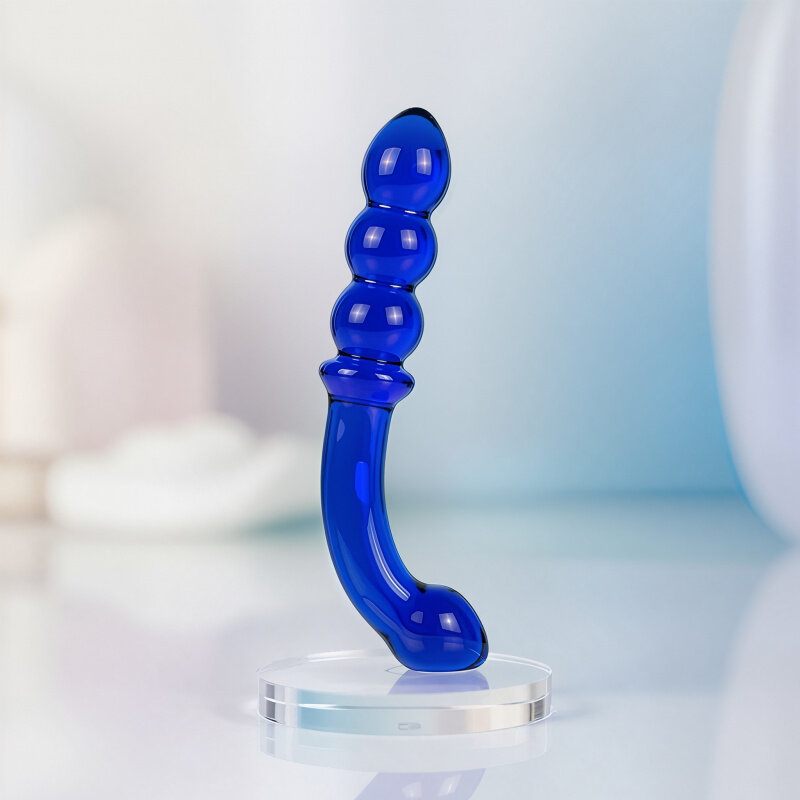 Фаллоимитатор стеклянный рельефный "Bend" с загнутой ручкой розовый