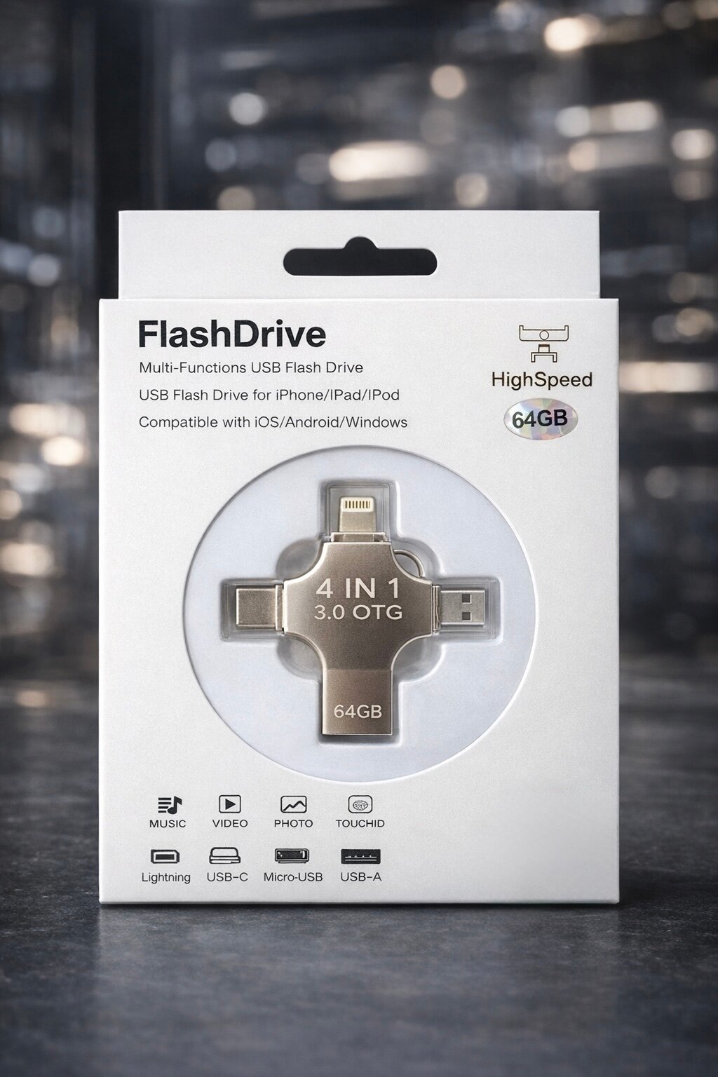 Флешка 4 в 1 металлическая для IOS, Android, Windows, 64 гб/USB 3.0/Type C/Lightning/Micro-USB, цвет серебрянный/silver