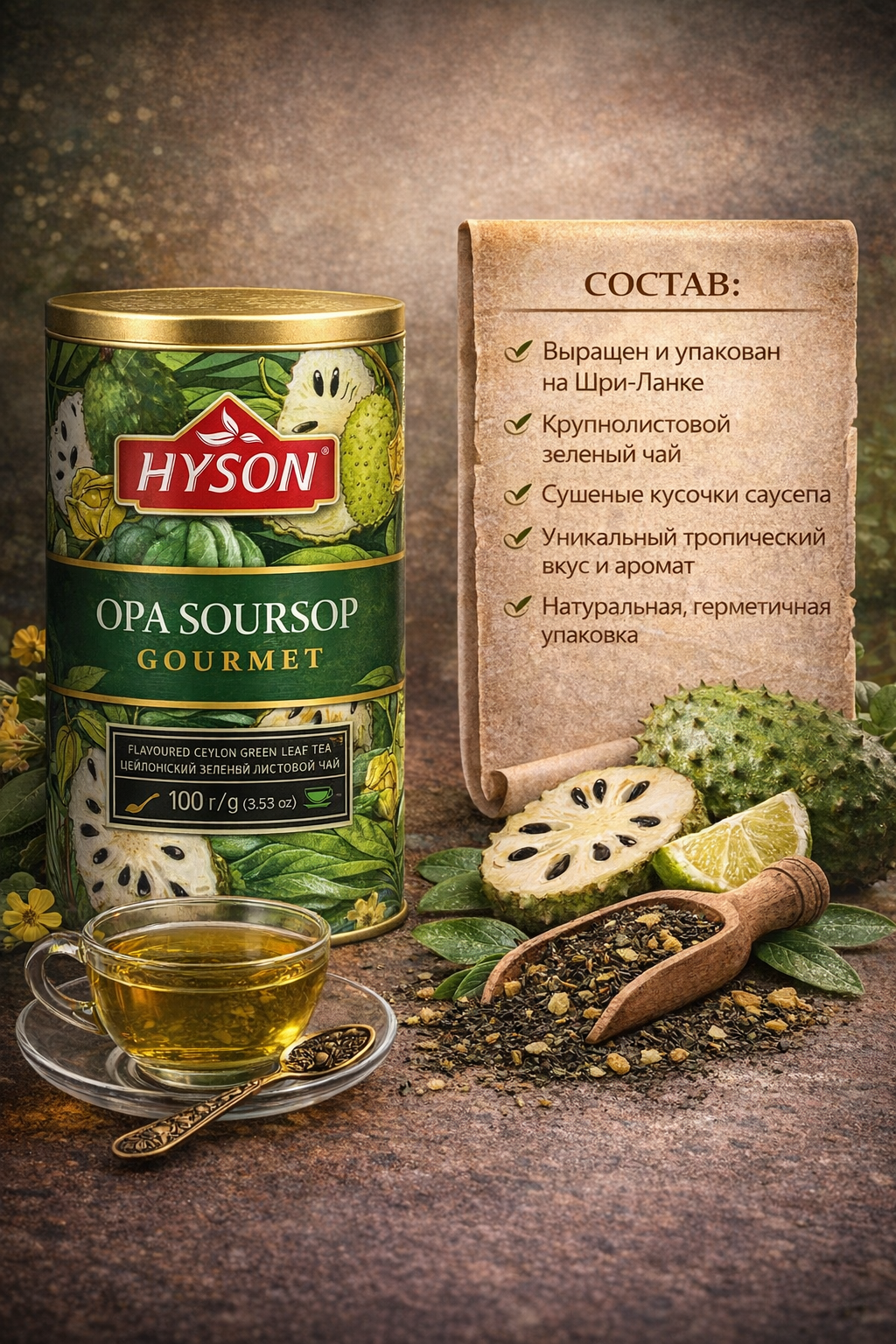 Чай Hyson, зеленый, цейлонский, листовой, крупнолистовой с саусепом, банка-тубус, 100 г