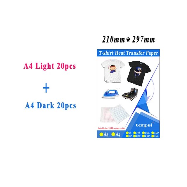 Tonpei Термотрансферная бумага A3 A4 для печати на ткани 100% хлопок A4 20Light 20Dark
