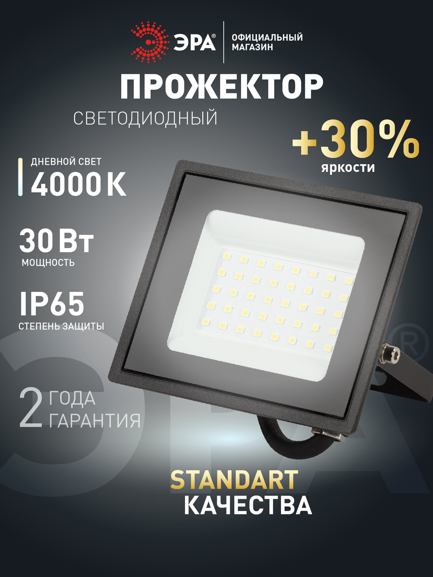 Прожектор светодиодный уличный ЭРА LPR-023 влагозащищенный от сети, 30Вт, 4000К, IP65