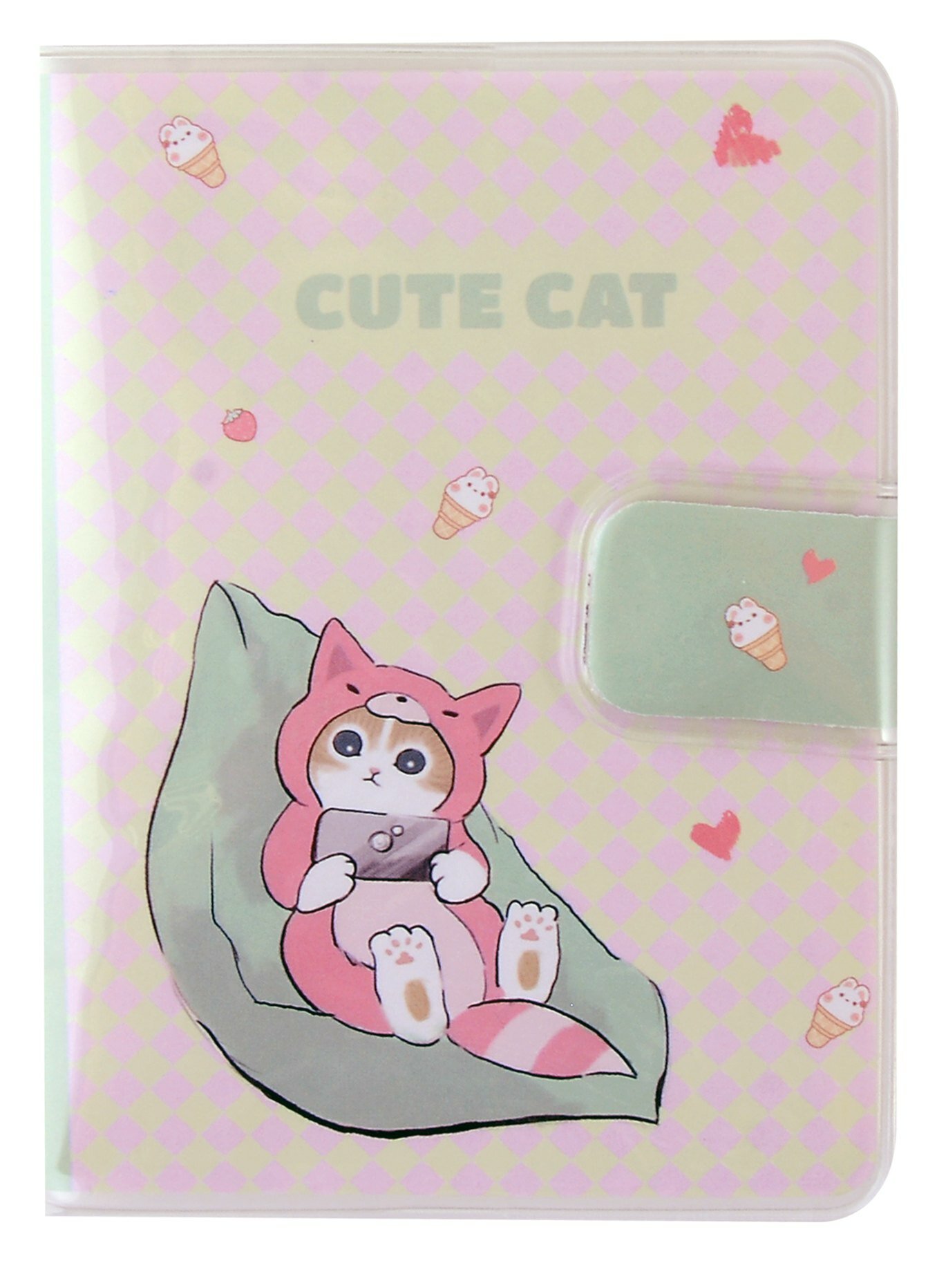 Записная книжка А7 80л кл. "Котик в кигуруми" в ПВХ-обложке, на кнопке