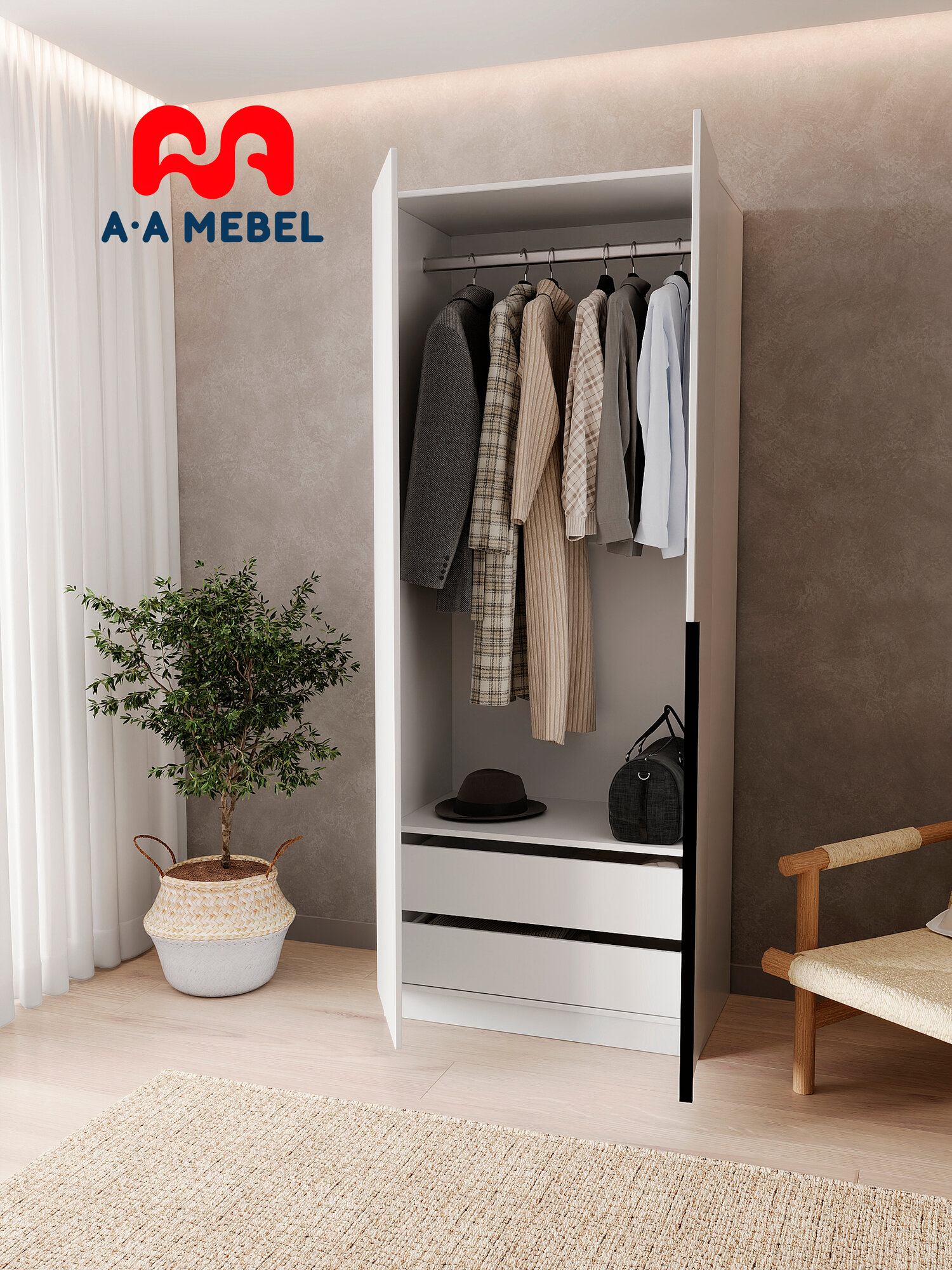 Шкаф A-A MEBEL Макс двухдверный платяной распашной для одежды с ящиками 80х48х204 см белый