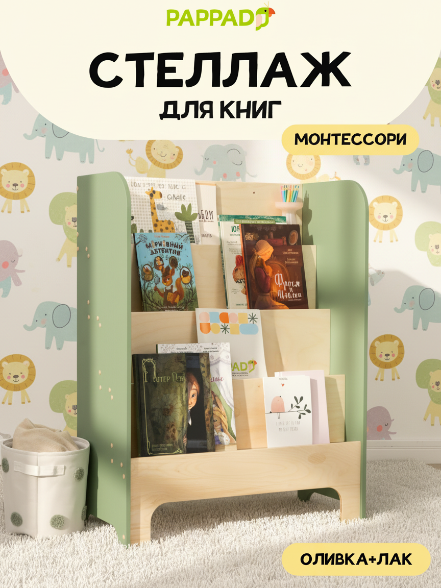Стеллаж для книг и игрушек деревянный с полками оливковый/лак