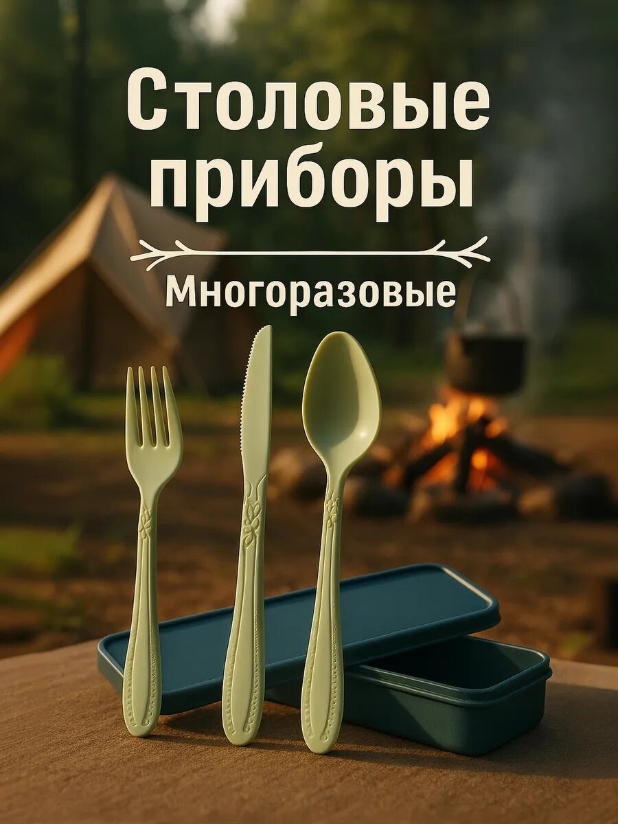 Набор столовых приборов Доляна, пластик, 4 предмета: вилка, ложка, нож, футляр синий, приборы микс