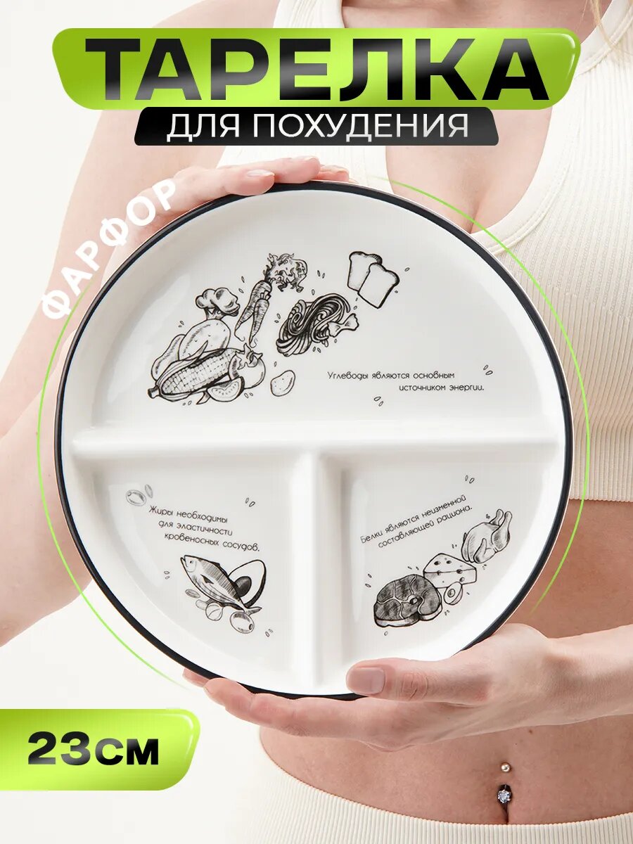 Тарелка для правильного питания Доляна «Гарвардская №1», d=23 см, 3 секции, фарфор, белая