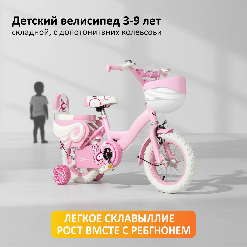 Детский велосипед 3-9 лет, складной, с дополнительными колесами для мальчиков и девочек