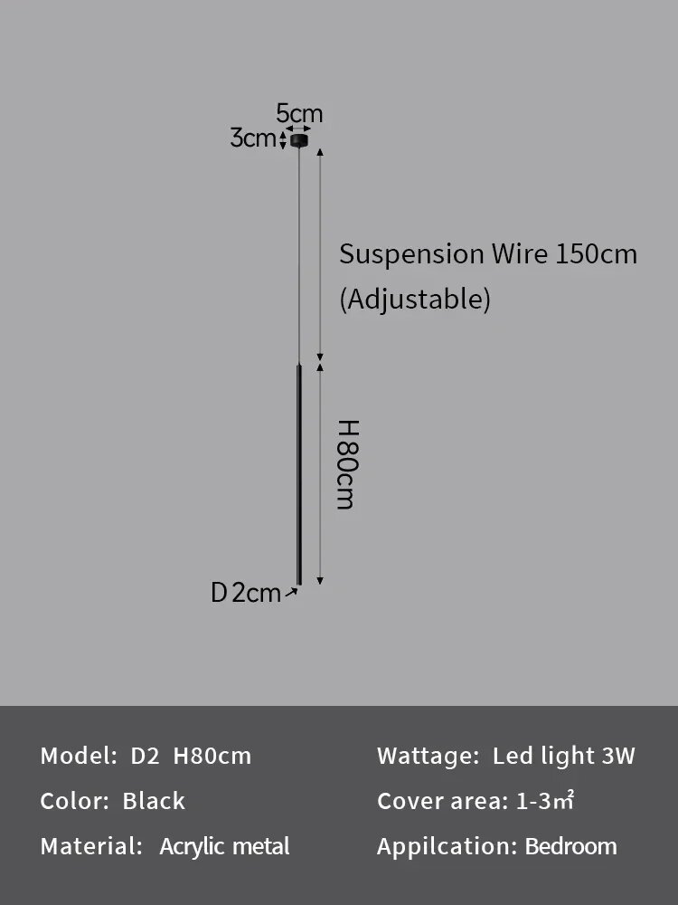 Подвесной светильник для спальни, черный, D2 H80cm, 3W