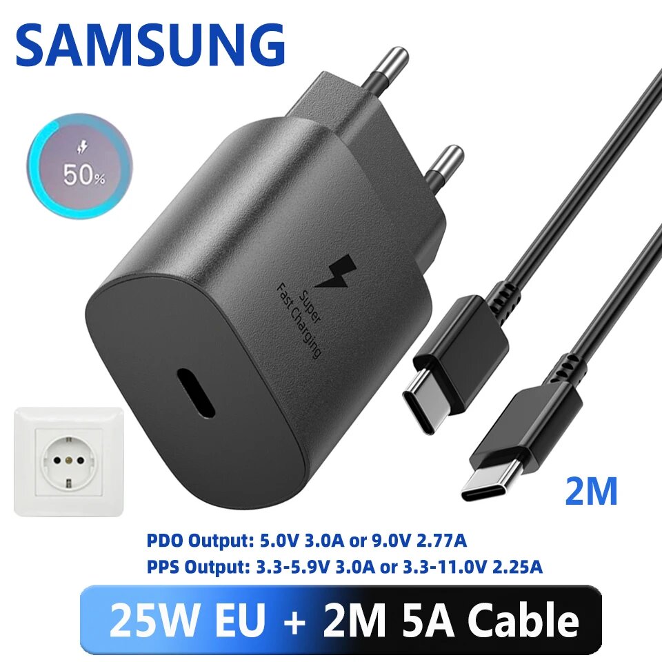 Оригинальное зарядное устройство SAMSUNG 25W PD, адаптер быстрой зарядки USB-C 9V EU with 2m cable