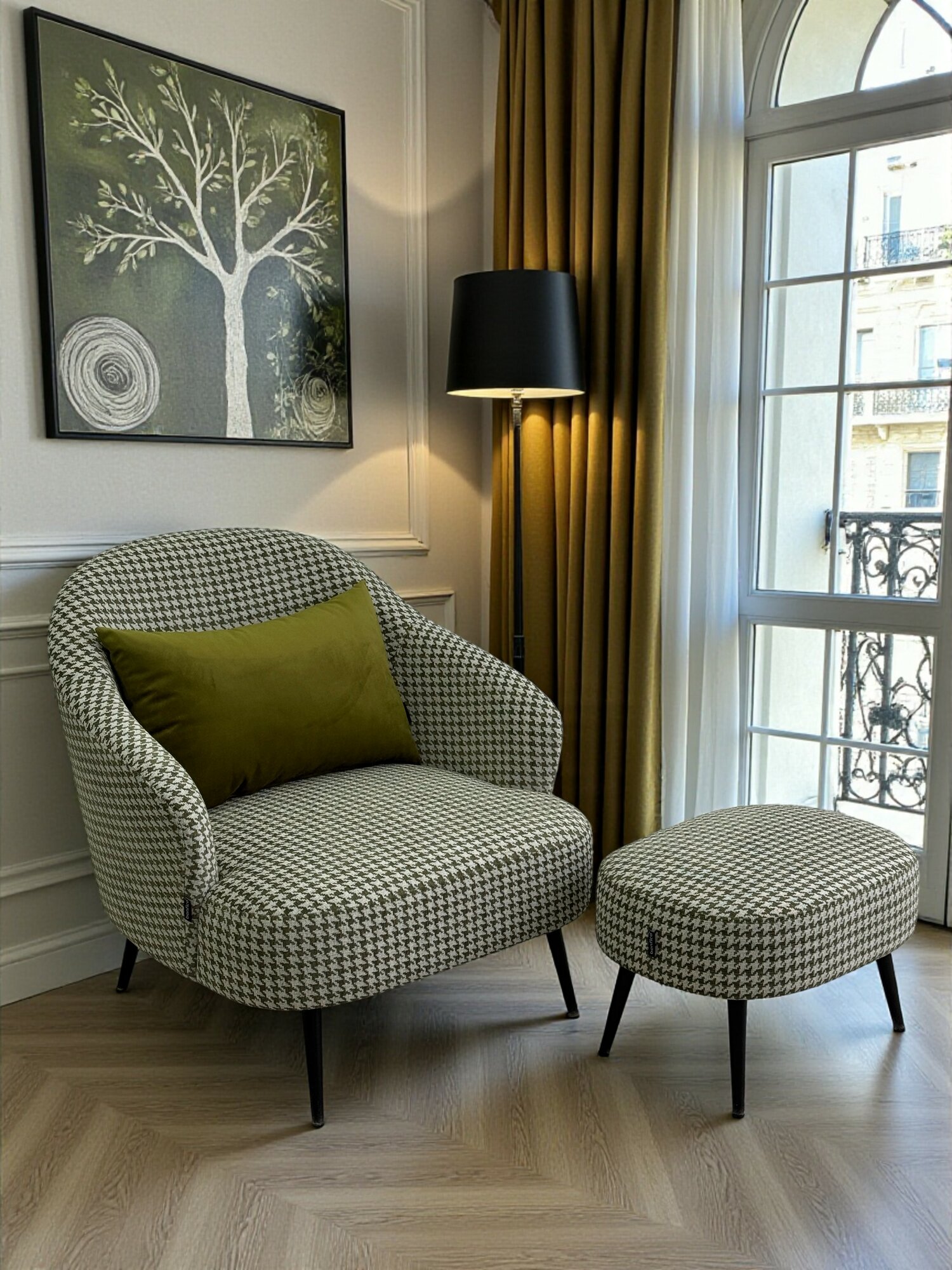 Кресло классическое Леон и пуф, для дома и отдыха, принт гусиная лапка, зеленый