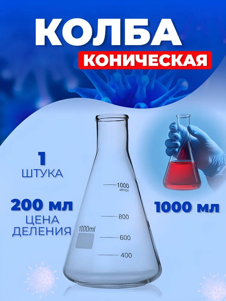 Коническая колба 1000 мл из боросиликатного стекла для лабораторных опытов, 1 шт