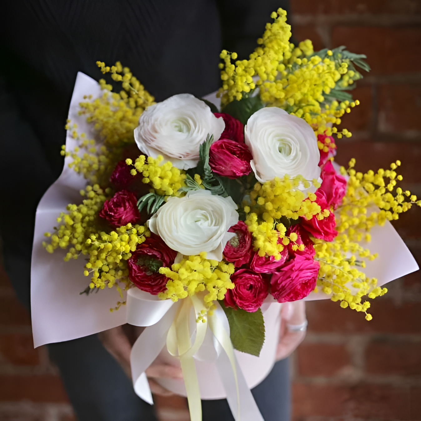 Весенний композиция с ранункулюсами и пионовидными розами в шляпной коробке