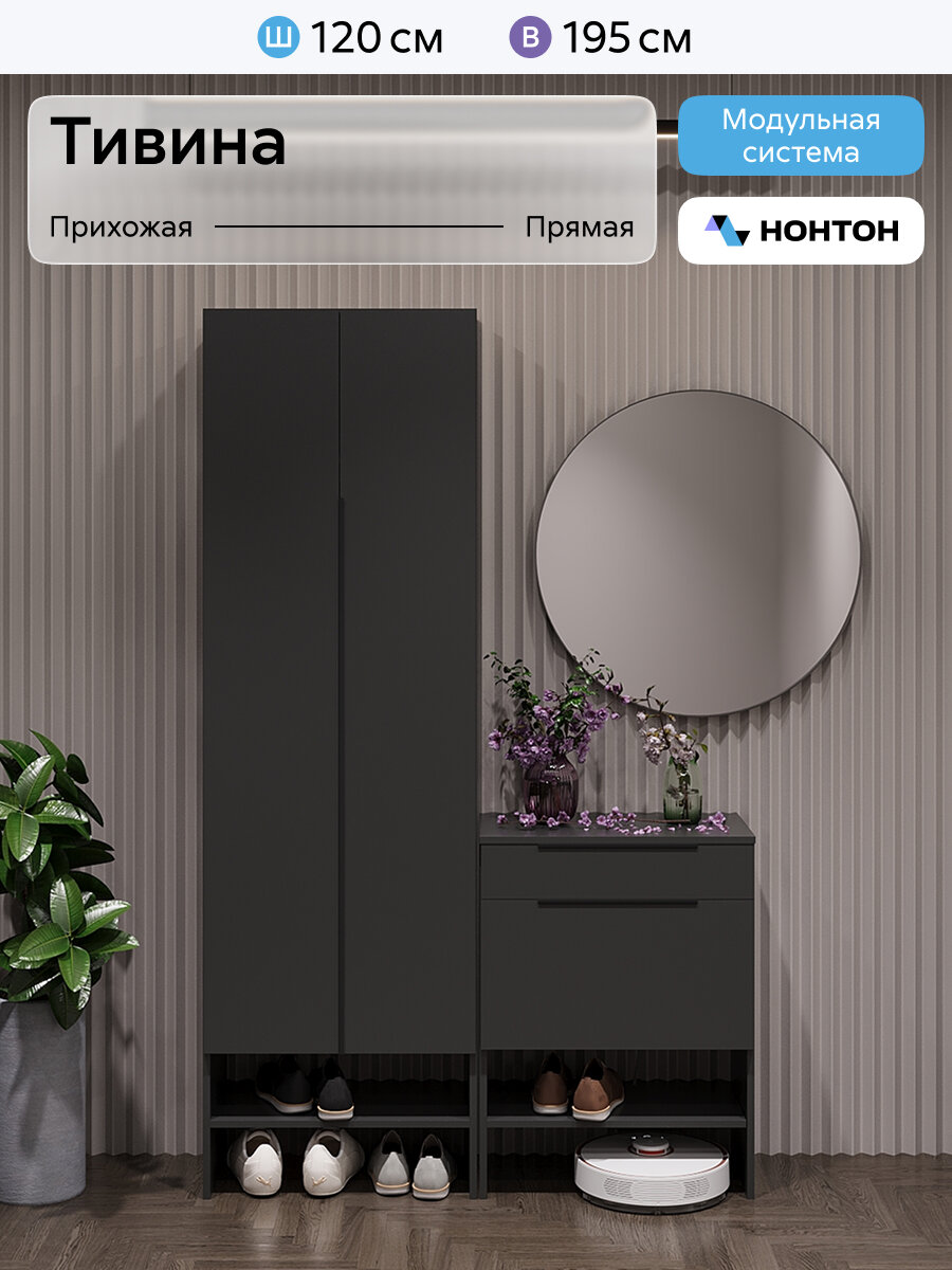 Стенка в прихожую Нонтон Тивина №4, 120x35x195 см, 2 модуля, графит серый