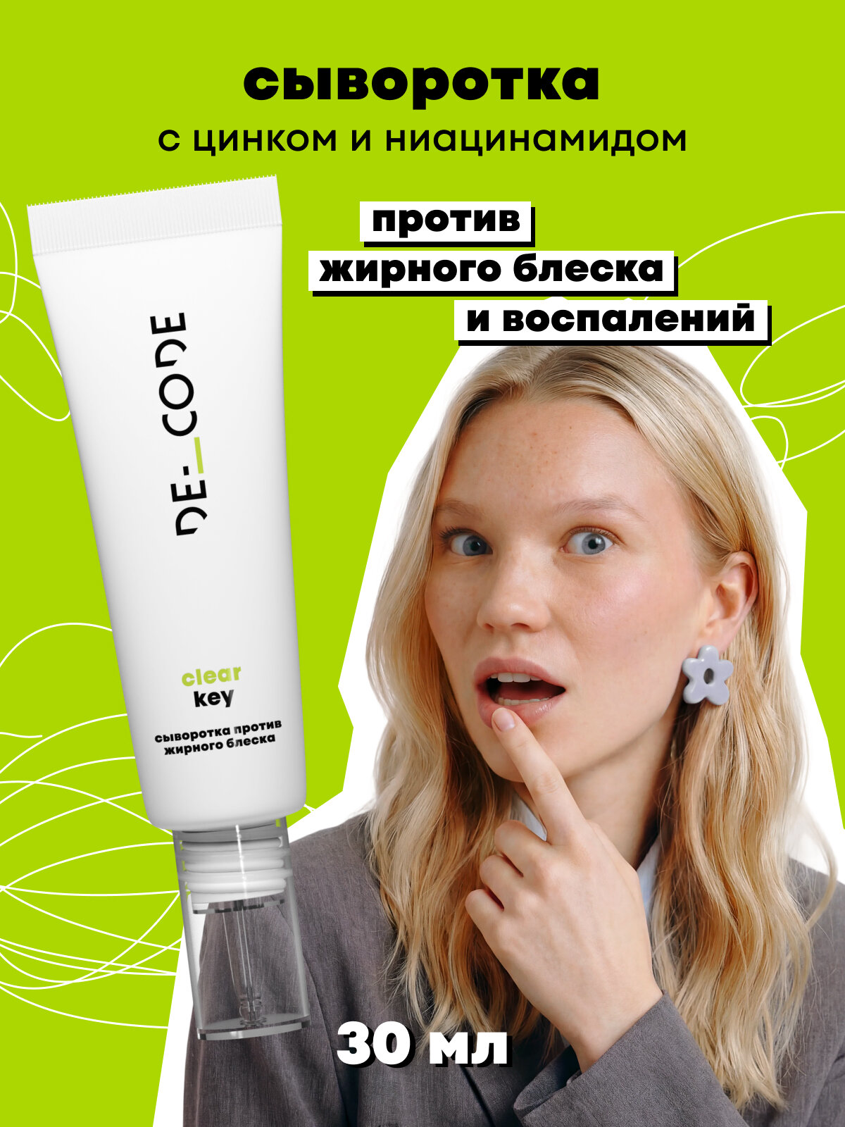 Сыворотка для лица с цинком для жирной и комбинированной кожи DECODE, 30мл
