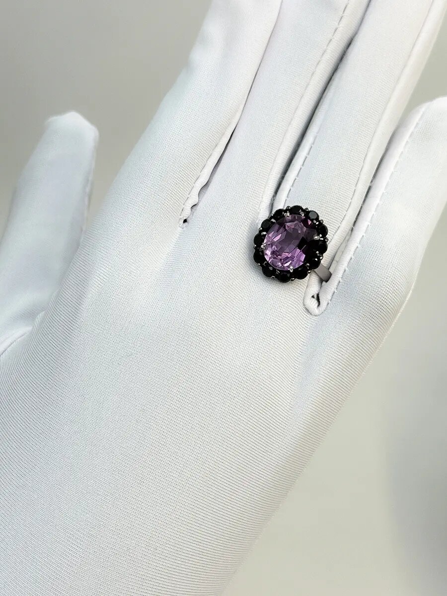 Кольцо, серебро, 925 проба, родирование, чернение, александрит синтетический, шпинель