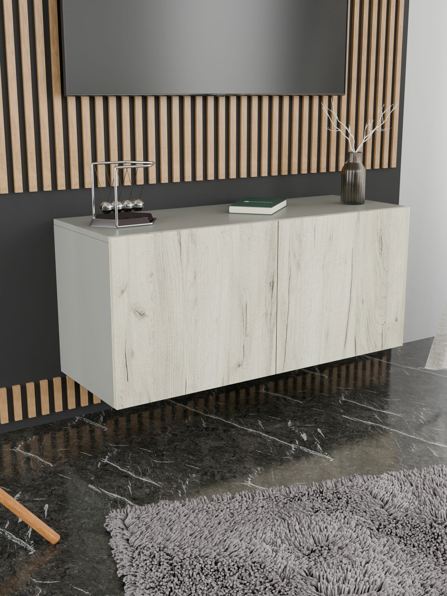 Изумлит Тумба под телевизор Вертикаль Лайт подвесная 100х44х36 см, шиншилла серая-дуб крафт белый