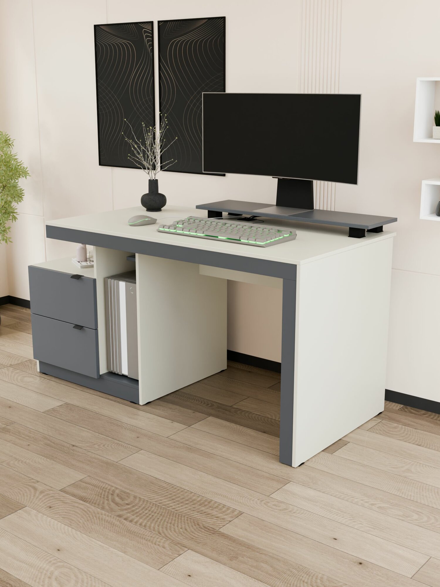 Изумлит Стол компьютерный для офиса и дома Вертикаль Лайт 162х80х74.5 см, тумба слева, бежевый-графит