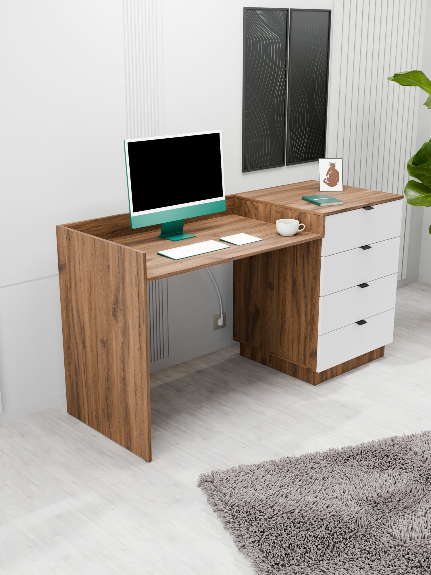 Изумлит Стол письменный для офиса и дома Бридж 163.2х86.6х60 см, корпус дуб крафт табачный/ фасад белый