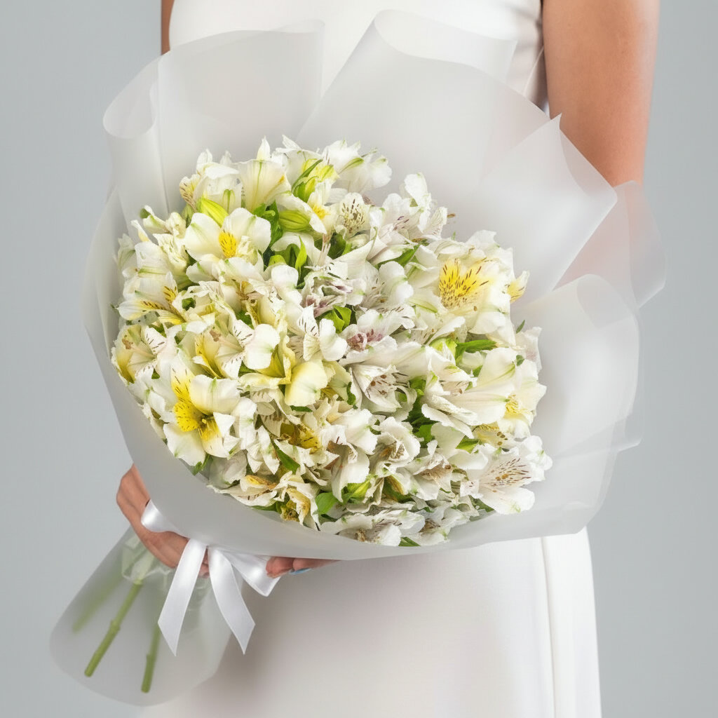 Букет Мегацвет24 "Альстромерии", белый, 15 цветов, дизайнерская упаковка