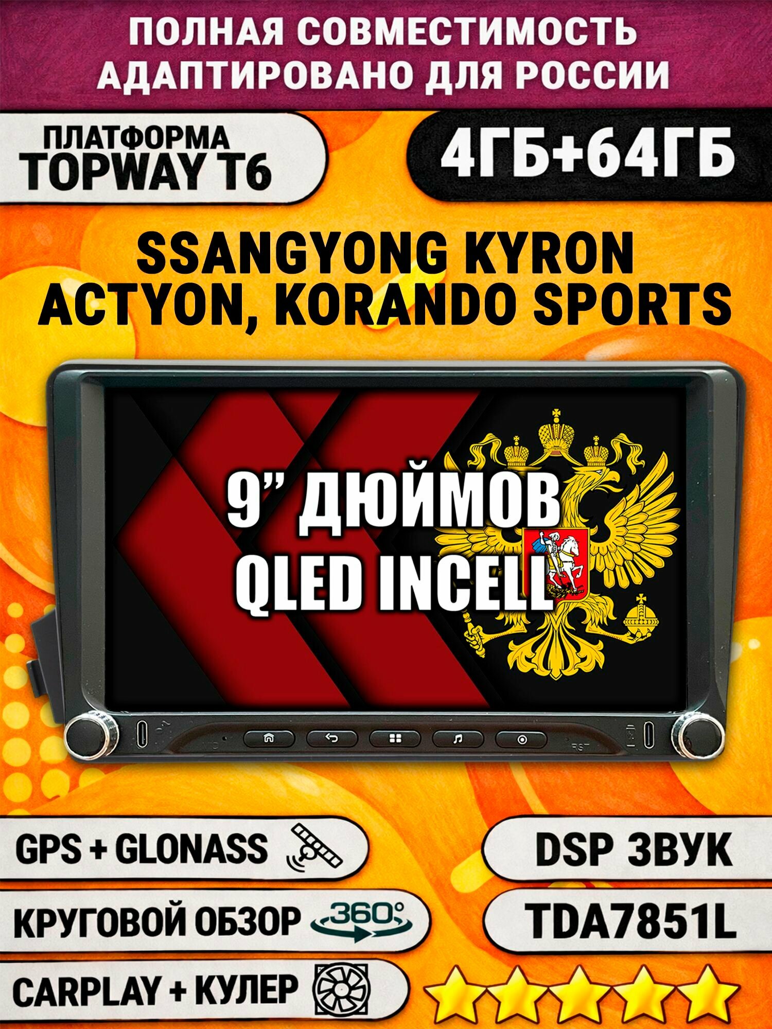 Штатная магнитола Андроид 9 для SSANGYONG KYRON ACTYON, ACTYON SPORTS, KORANDO SPORTS, 4/64гб, DSP, 360 обзор, беспроводной CarPlay и Android Auto, GPS и ГЛОНАСС