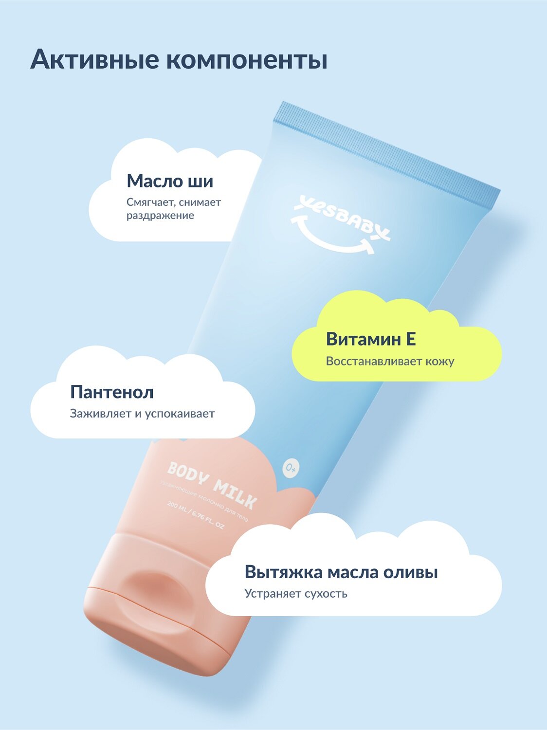 Молочко для тела YESBABY, гипоаллергенное, увлажнение, смягчение, 200мл