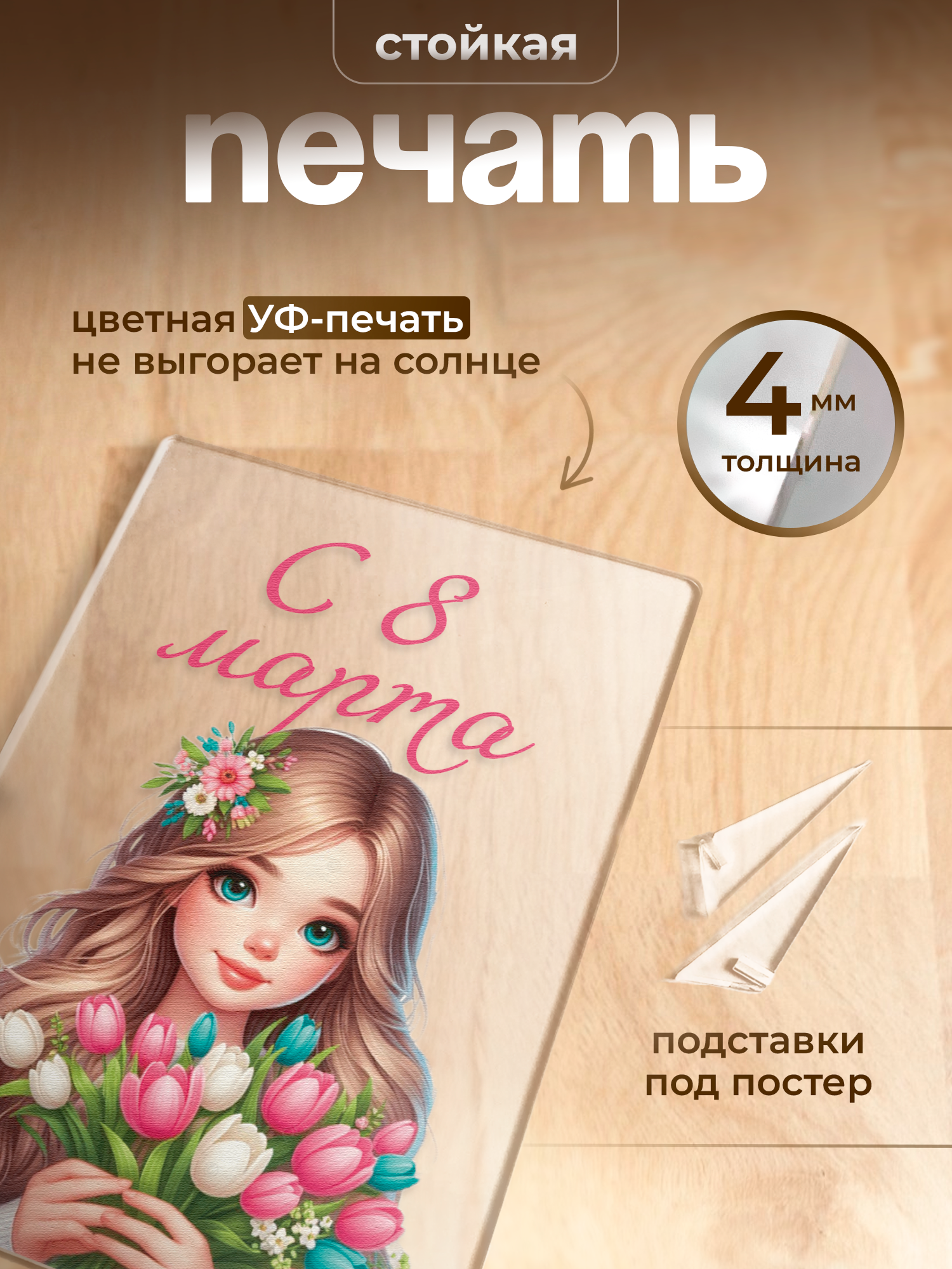 Постер на подставке подарок для женщин на 8 марта