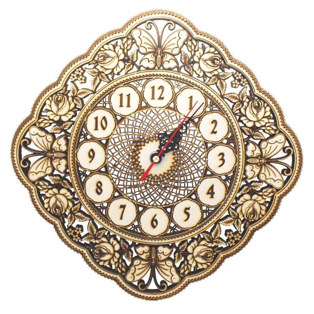 Часы из дерева "Бабочка в розах", (Ручная работа)