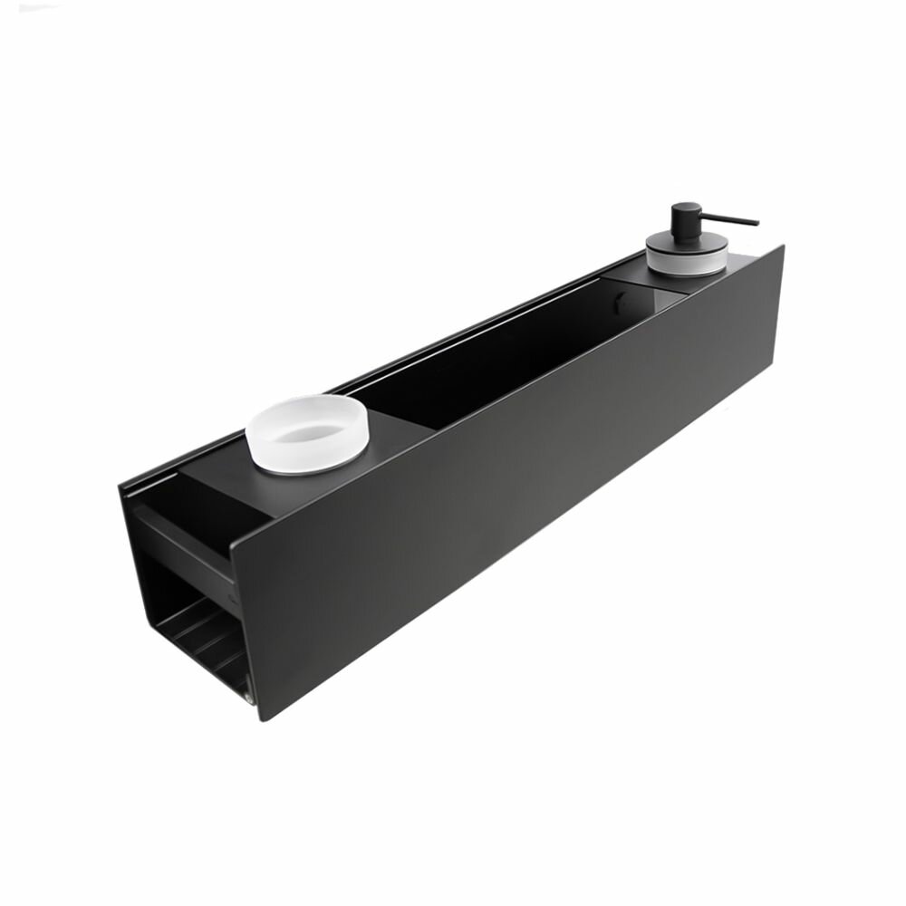 Полка в ванную настенная с дозатором и стаканом 60 см черный матовый (нержавеющая сталь/стекло) AVS