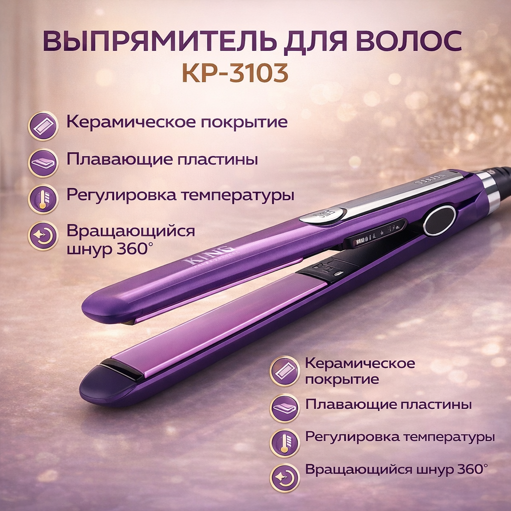 Выпрямитель для волос KP-3103 керамический с регулировкой температуры ProgTech