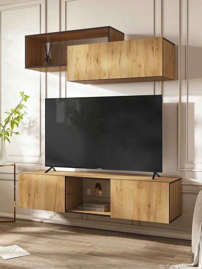 Тенка в гостиную под телевизор Норд, мебель с подвесными секциями для хранения, 150х35х170 см, Дуб крафт
