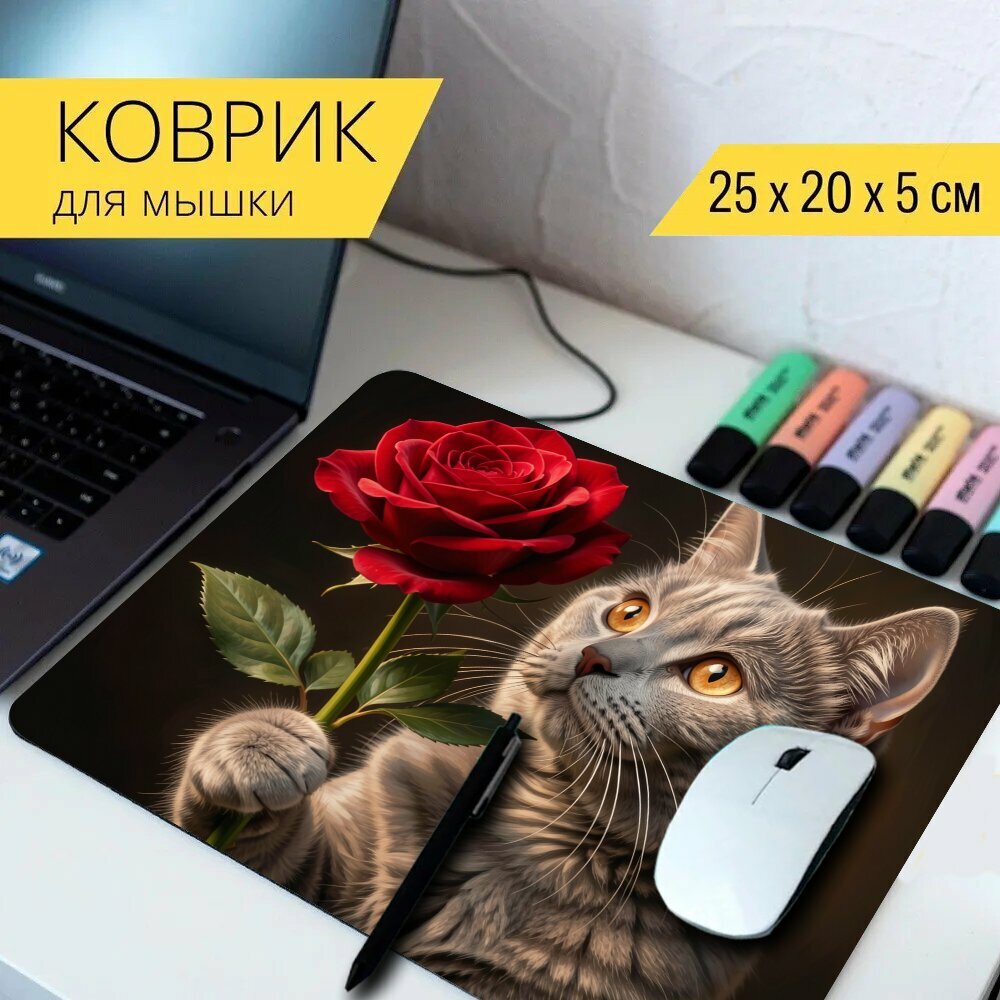 Коврик для мыши с принтом "Кот с красной розой. Реалистичный серый кот с янтарными глазами держит алый цветок на темном фоне. Нежный романтичный образ, контрастные цвета." 25x20см.