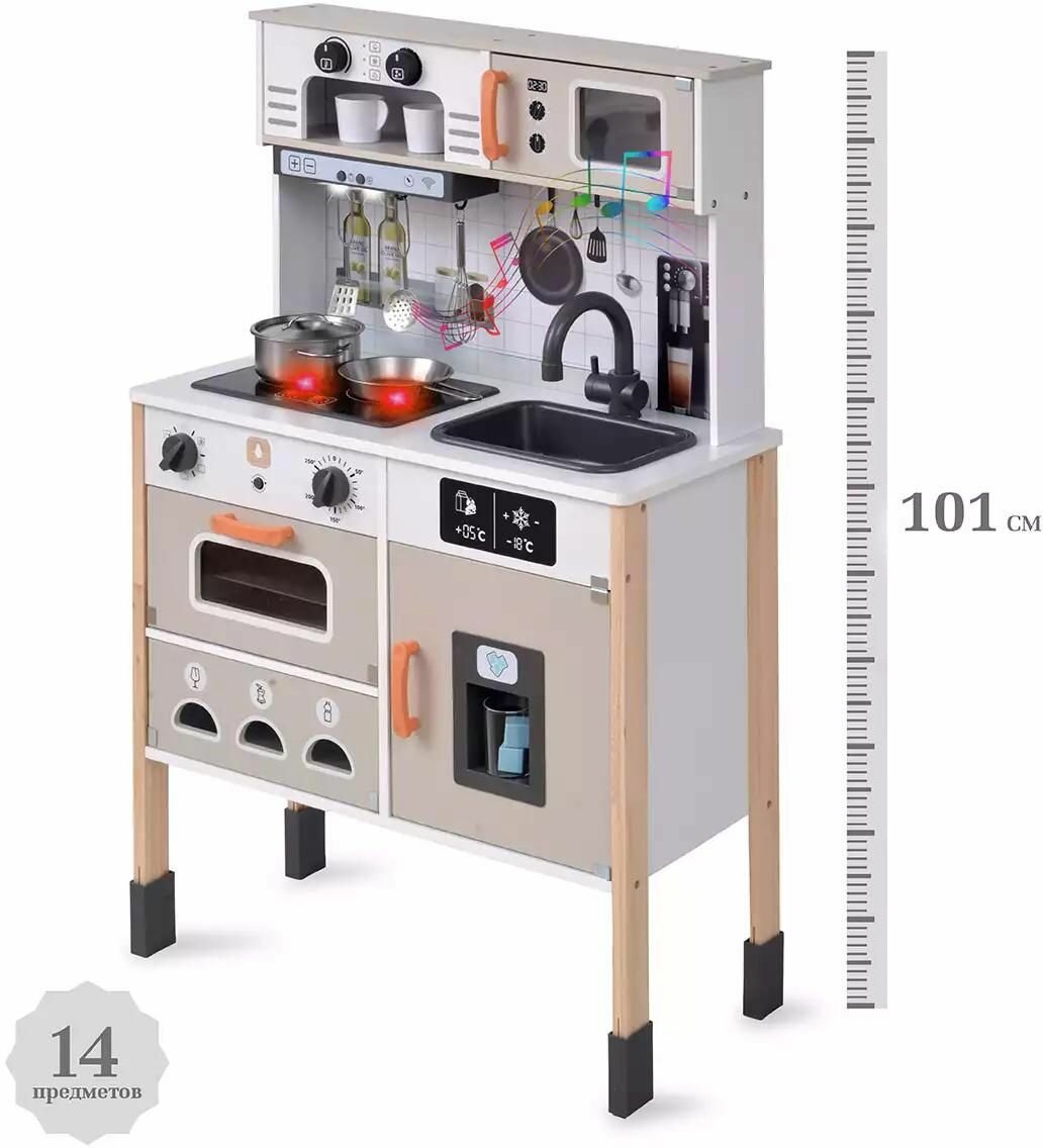 Детская кухня Рыжий кот деревянная, металлическая посуда, игровой модуль