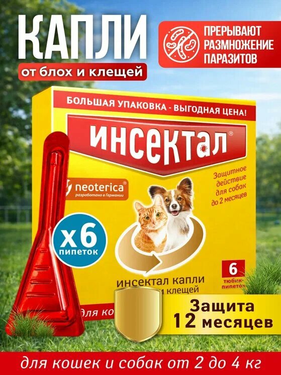 Капли Инсектал от блох и клещей для мелких пород собак и кошек от 2 до 4 кг, 6 шт. в уп, — фото 1