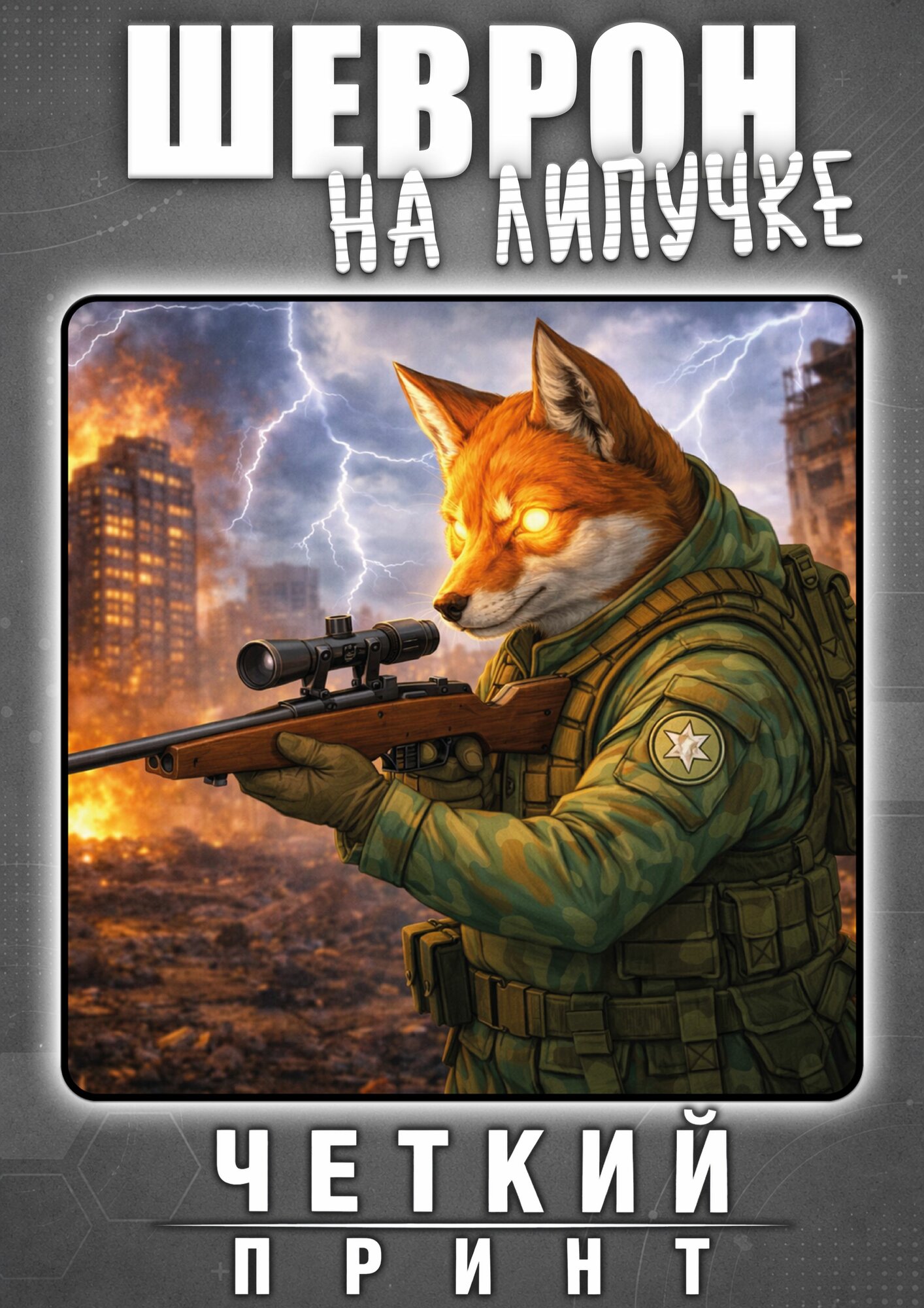 Нашивка, шеврон, патч (patch) на липучке Лис в военной форме с светящимися глазами, размер 8,2*8,2 см