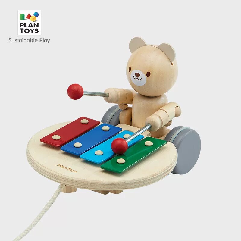 PlanToys 5271 Музыкальная игрушка-медвежонок для малышей с веревкой для обучения ходьбе