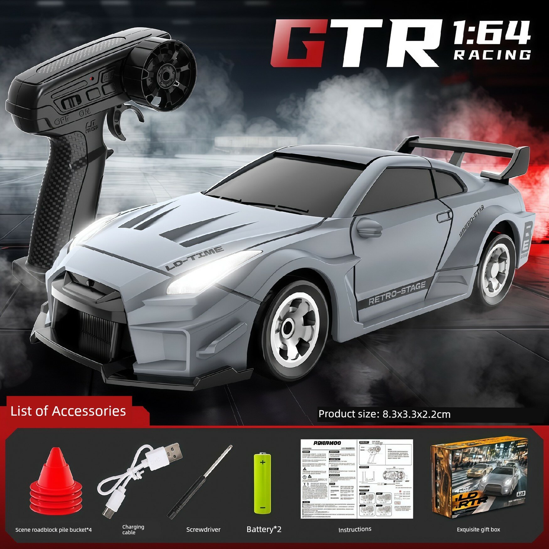GTR 1:64 Масштабная мини-радиоуправляемая дрифт-машинка для детей в авиационно-сером цвете с зарядным кабелем,
