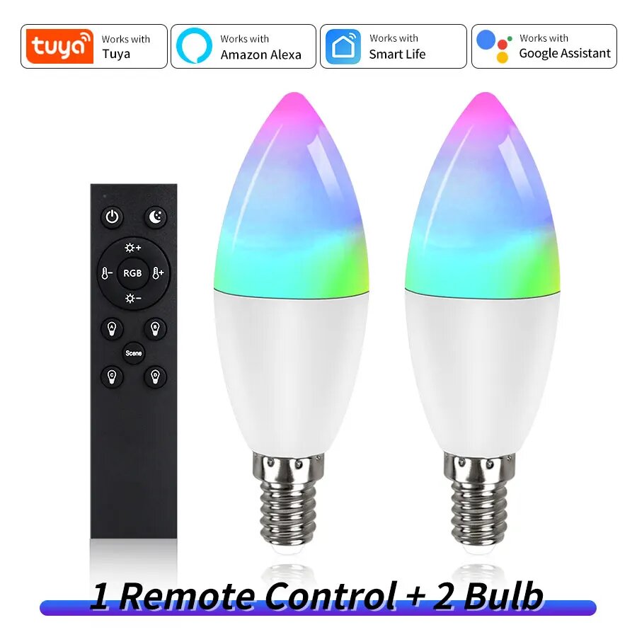 Smart LED лампа E14 RGB, 7W, 2 шт + пульт