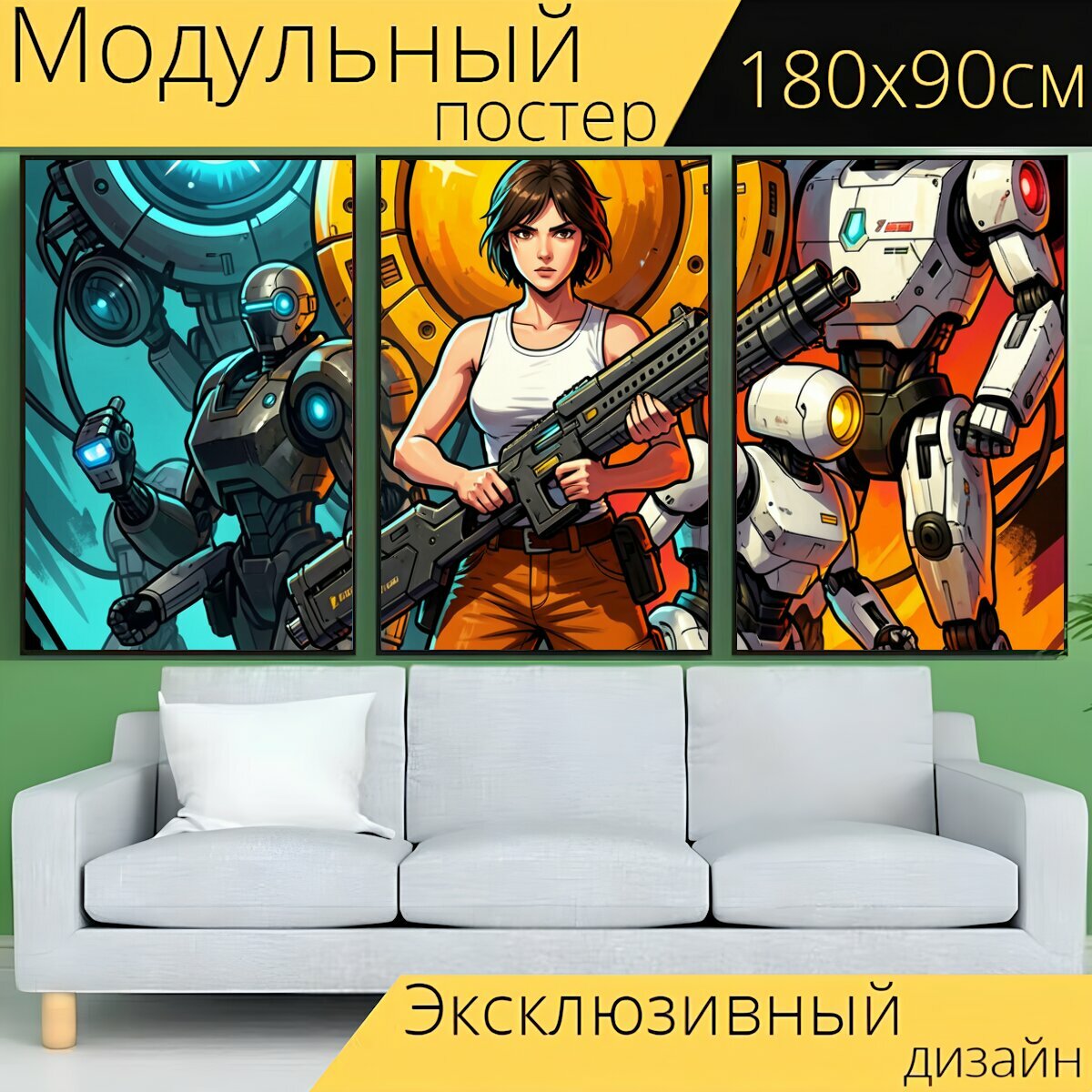 Модульный постер "Девушка с роботами в киберпанке. Футуристическая иллюстрация: смелая воительница с крупным бластером, вокруг боевые." 180 x 90 см. для интерьера на стену в тубусе