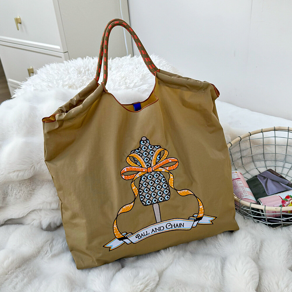 Японский стиль, ручная работа, сумка с шариковой цепочкой, экологичная сумка для покупок, нейлоновая ткань, вышитый цветок, ручная сумка из холста, нейлоновая сумка для покупок