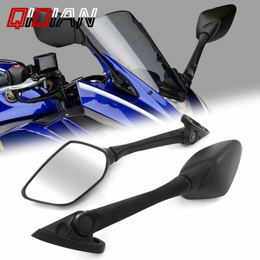 Зеркала заднего вида для Yamaha R3/R25/R15 2013-2021 — пара 145x85 мм, алюмин. шток, черные, выпуклые, регулировка