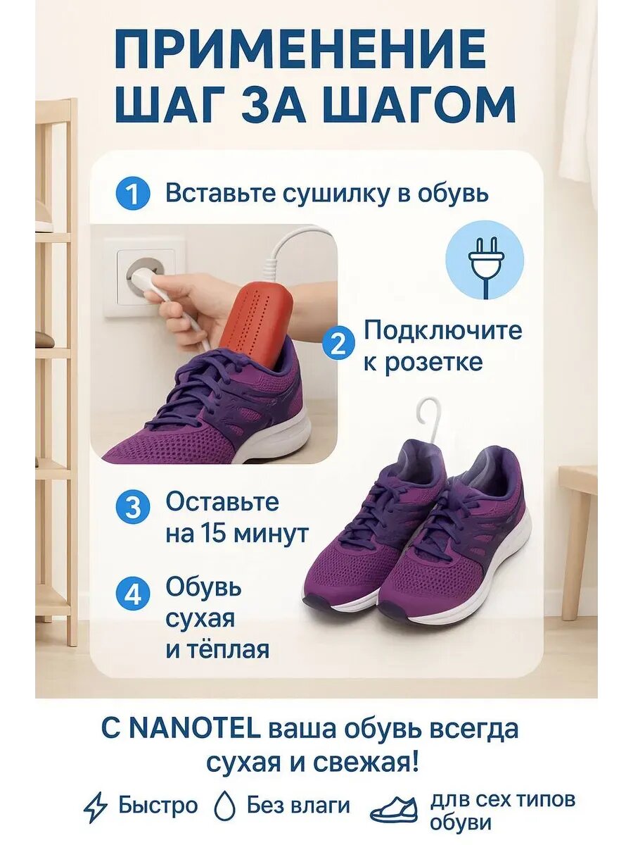 Электросушилка для обуви NANOTEL, бережная сушка, 12 Вт.